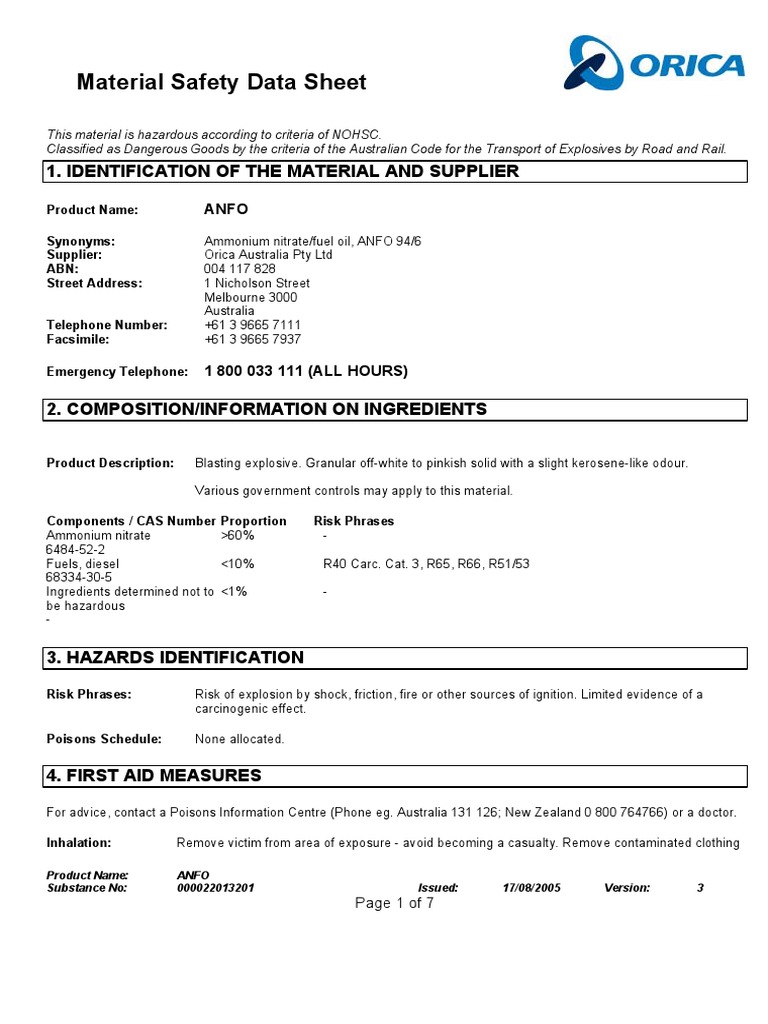 Anfo Msds | PDF | Dangerous Goods | Explosive Material
