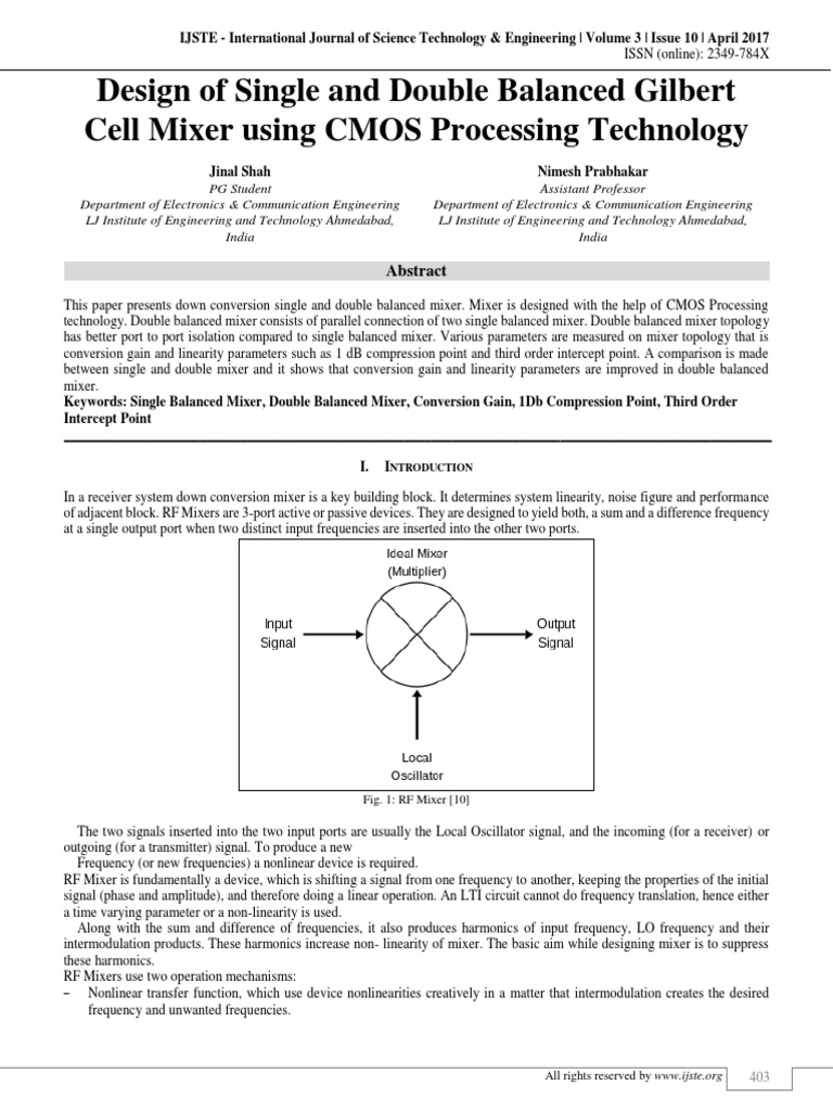 Design of Single and Double Balanced Gilbert Cell Mixer Using CMOS Processing Technology | PDF ...