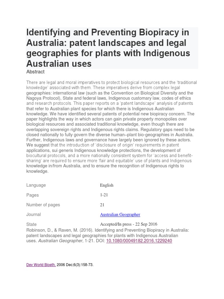 Identifying and Preventing Biopiracy in Australia | PDF | Traditional ...
