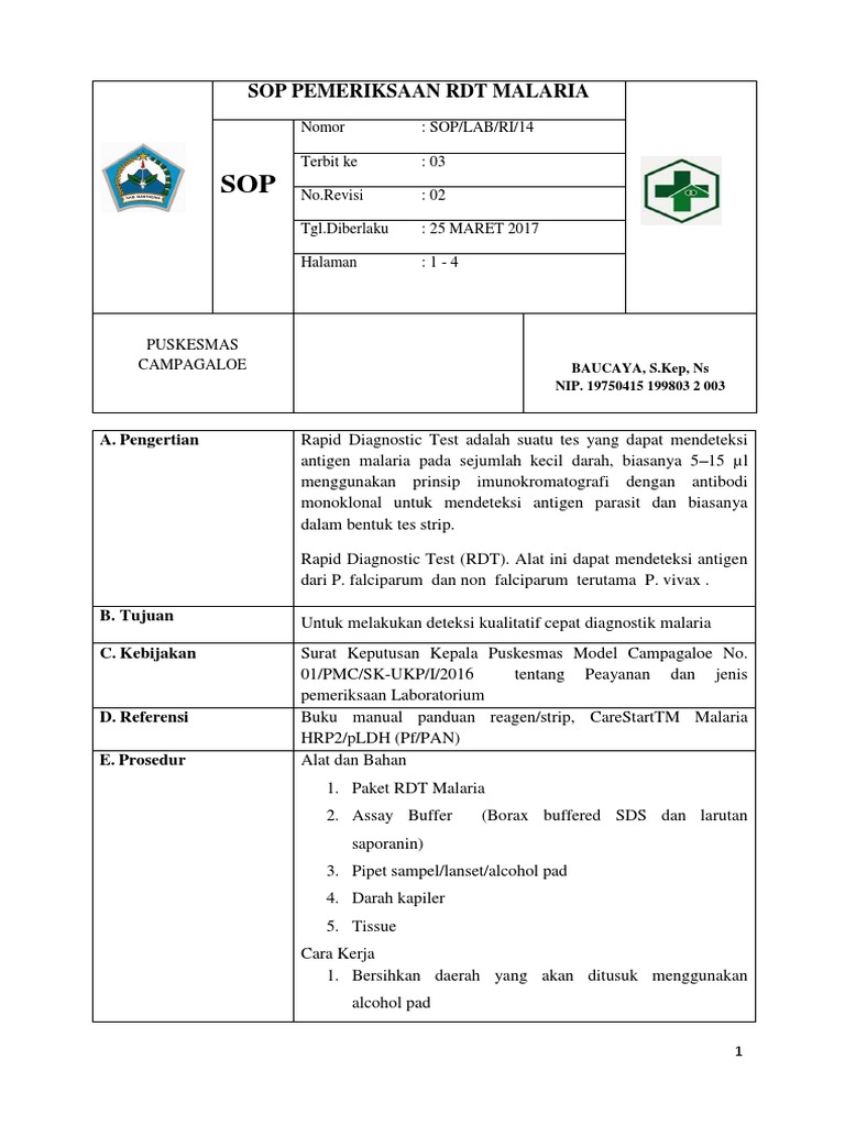 Sop Pemeriksaan Malaria RDT | PDF