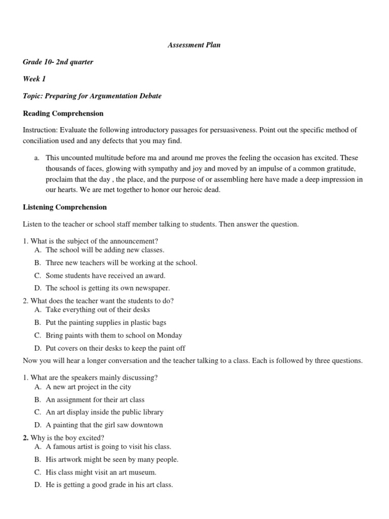 Assessing Argumentation Skills: A Two Week Lesson Plan for Grade 10 ...