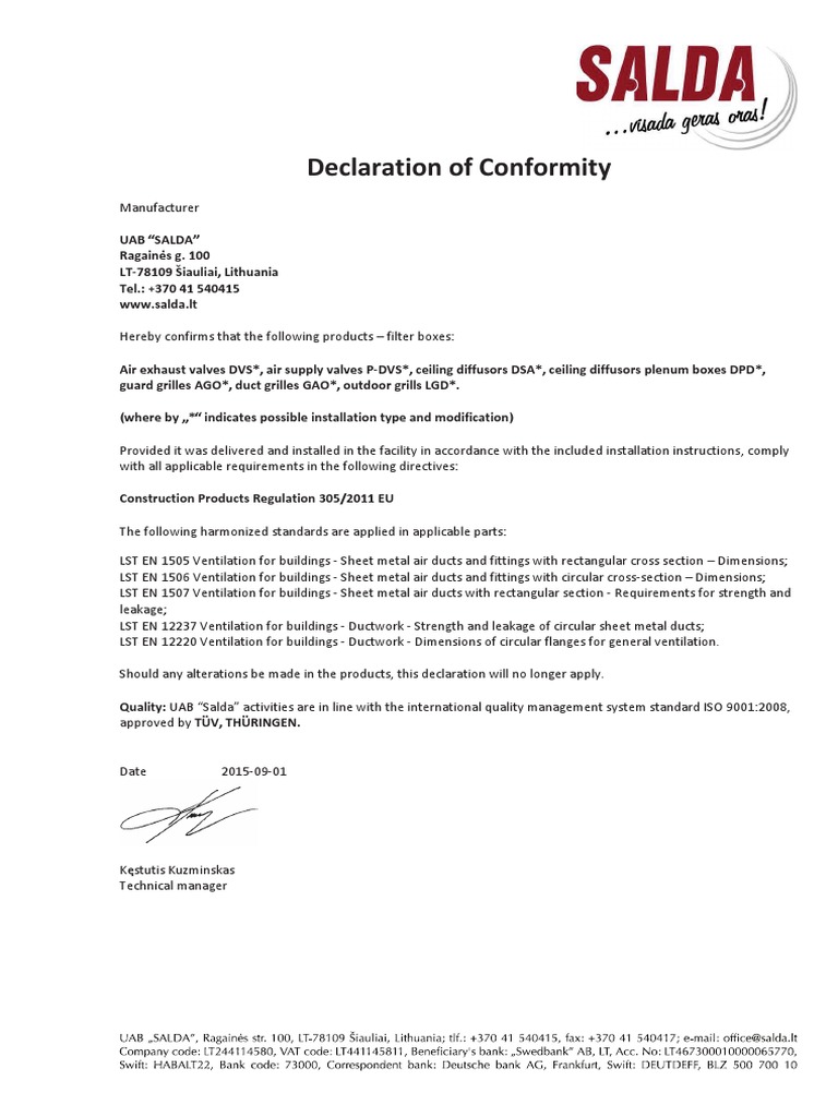 EC Declaration of Conformity - Air - Distribution | PDF