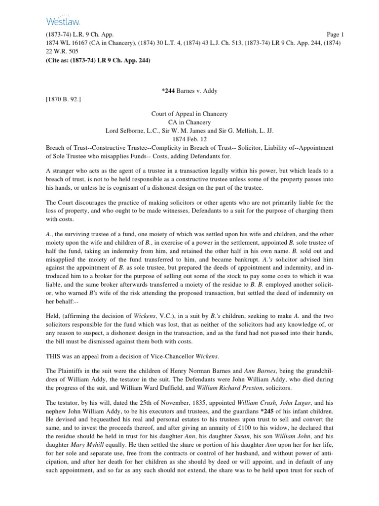 Barnes V Addy | PDF | English Trust Law | Trust Law