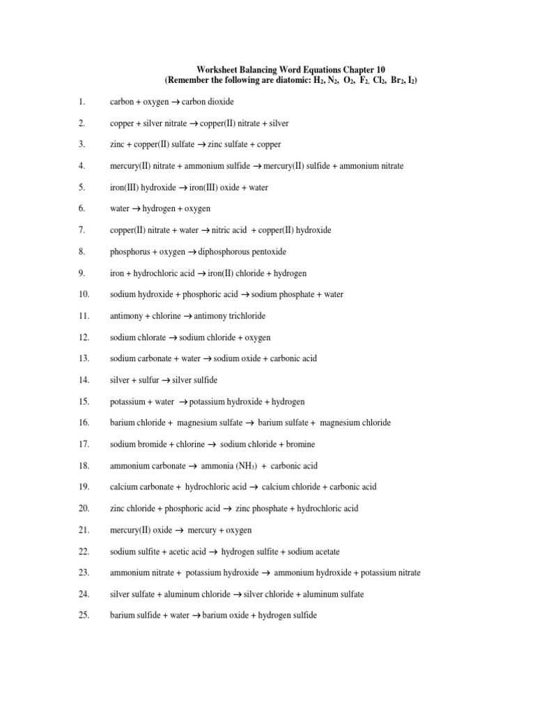 Balancing Word Equations Practice | PDF | Chloride | Chlorine