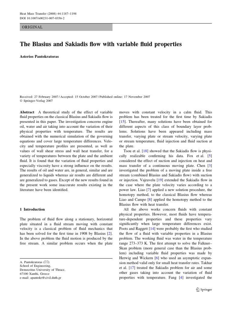 The Blasius And Sakiadis Flow With Variable Fluid Properties Pdf Boundary Layer Fluid Dynamics