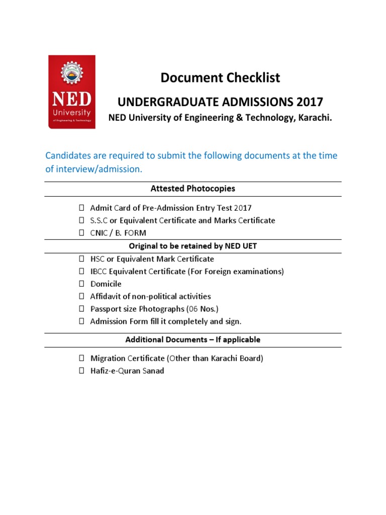 Document Checklist: Undergraduate Admissions 2017 | PDF