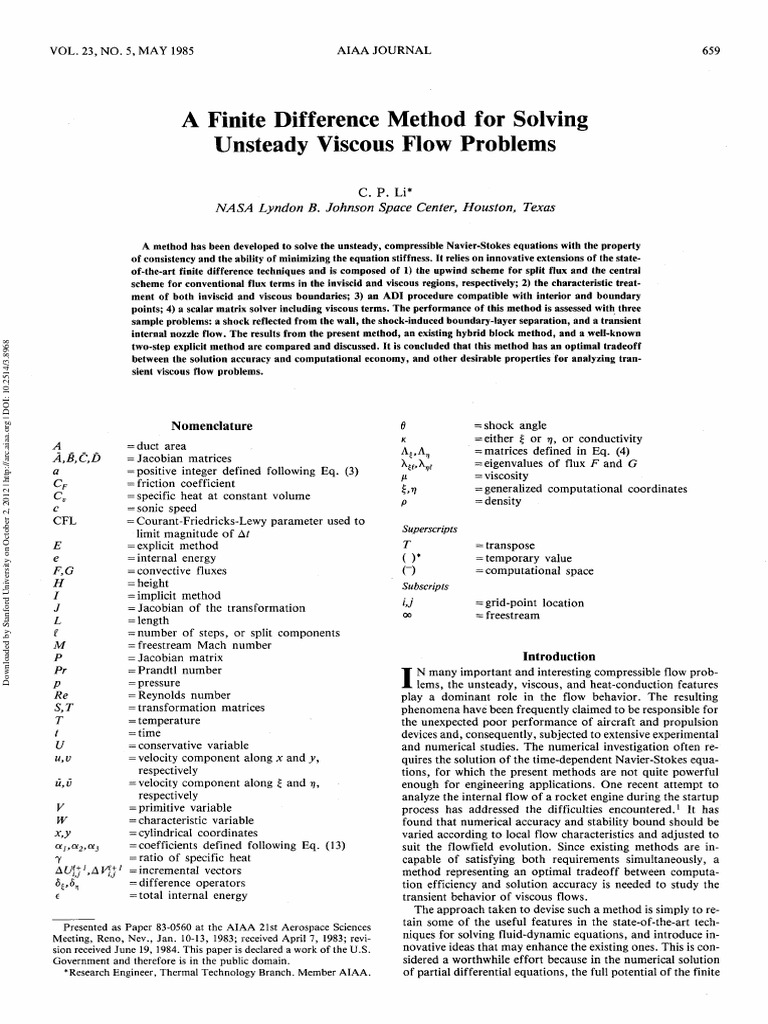 A Finite Difference Method For Solving Unsteady Viscous Flow Problems ...