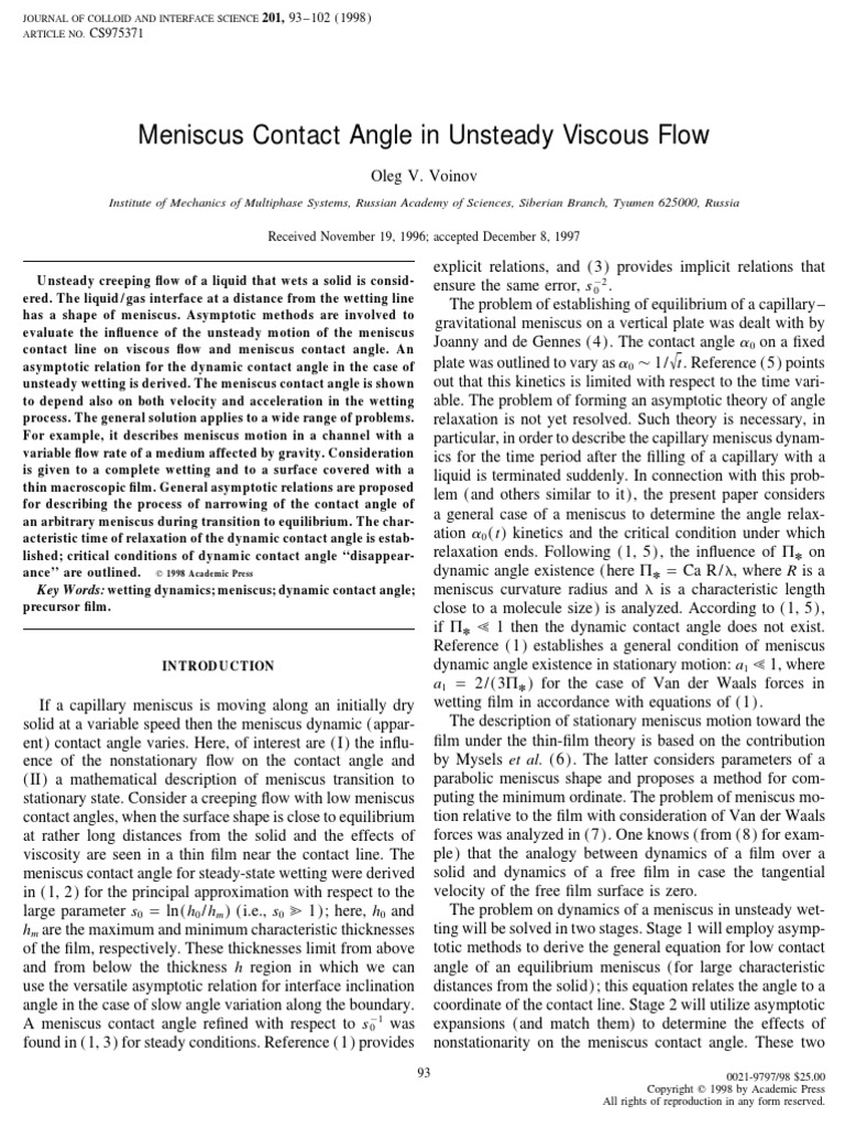 Meniscus Contact Angle in Unsteady Viscous Flow: T - Reference (5 ...