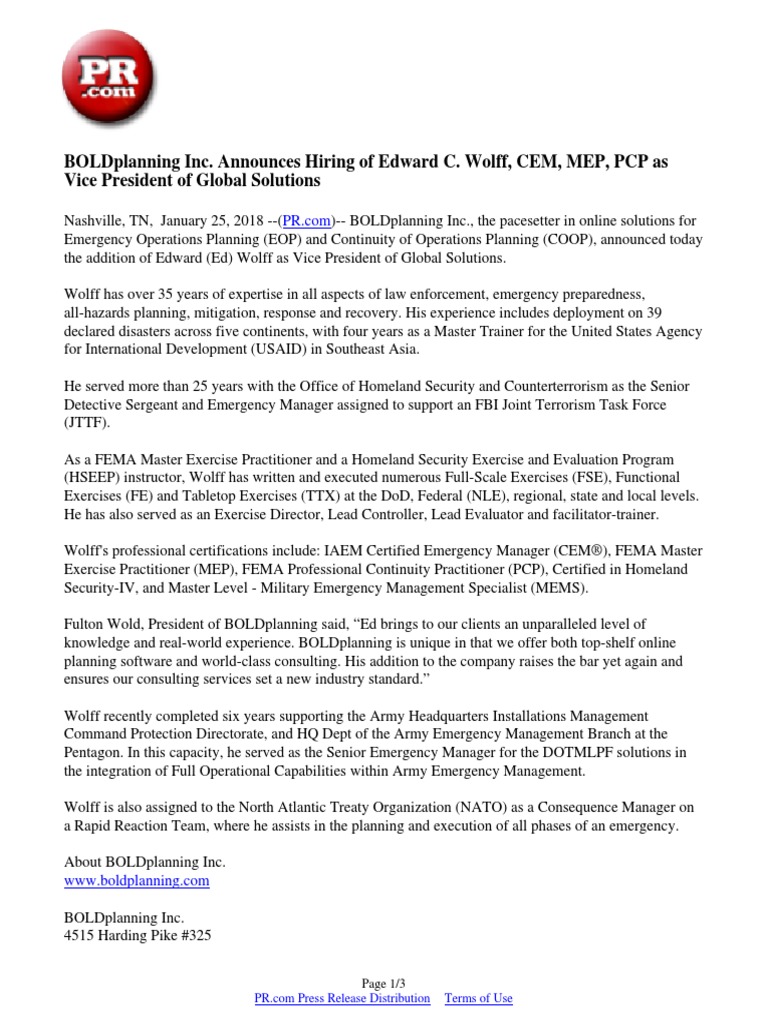 BOLDplanning Inc. Announces Hiring of Edward C. Wolff, CEM, MEP, PCP As ...