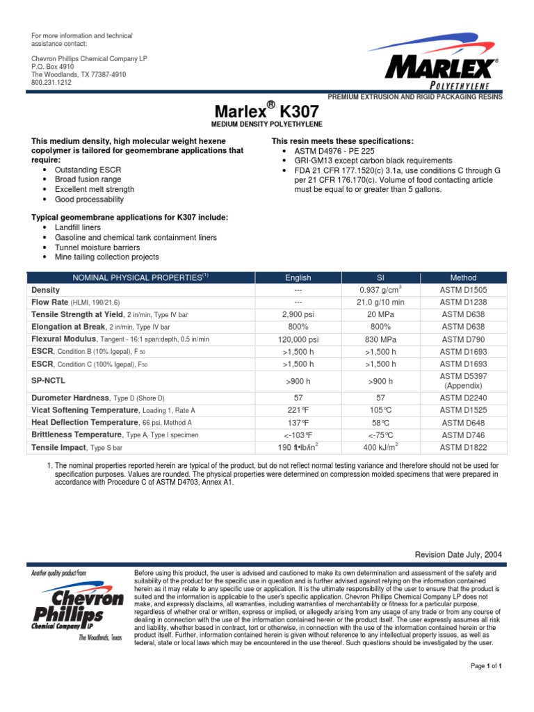 Marlex K307 | Polyethylene | Materials | Free 30-day Trial | Scribd