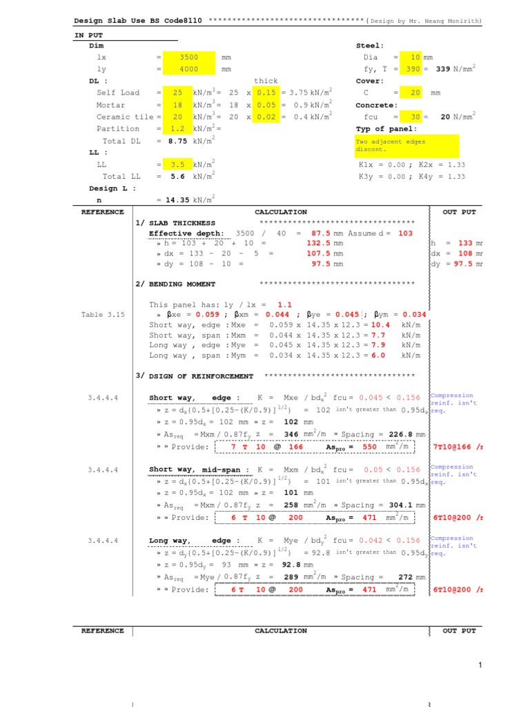 Slab Design and Reinforcement Calculation | PDF
