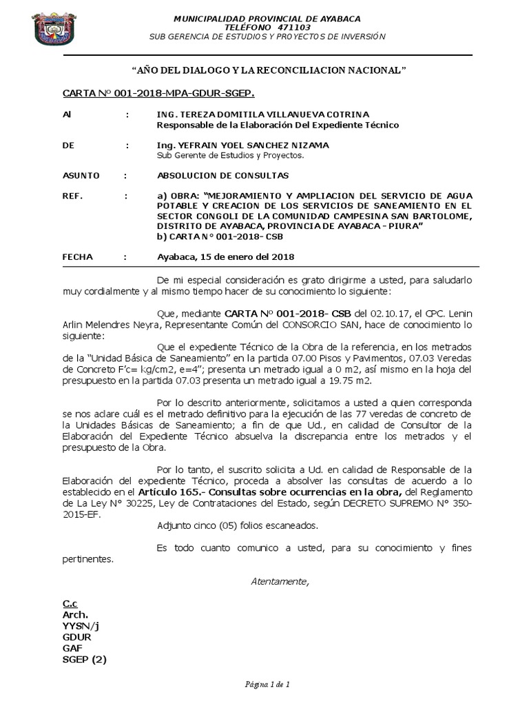 Carta. #001 - Absolver Consultas Agua Congoli | PDF | Administracion ...