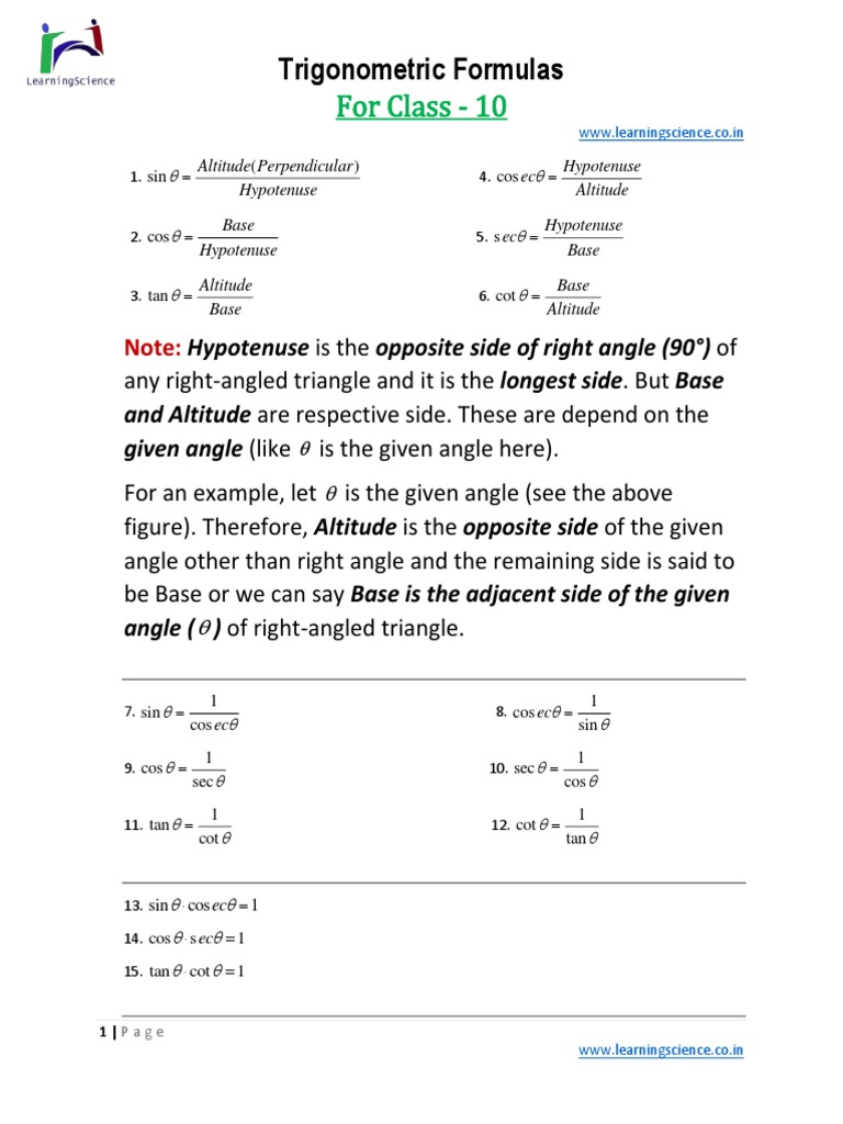 Class 10 Trigonometric Formulas Guide | PDF | Trigonometric Functions ...