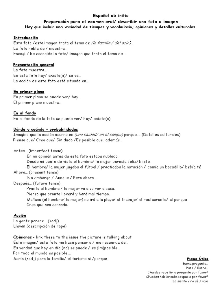 IB Spanish Ab Initio Oral Exam Presentation Help Sheet | PDF