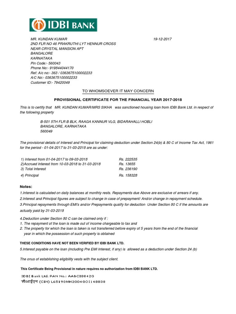 Housing Loan (0363675100002233) Provisional Certificate-2017-18 PDF ...