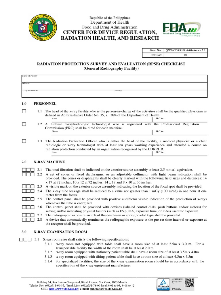 RPSE CHECKLIST - General Radiography | PDF | Radiation Protection ...