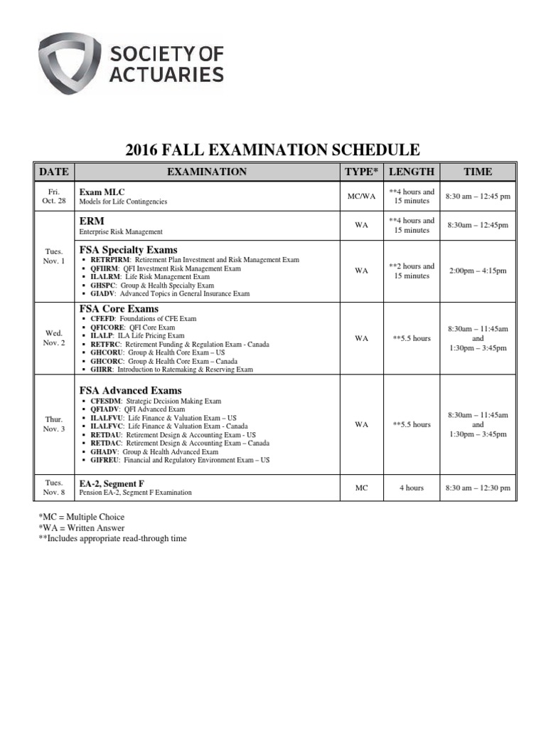 2016 Fall Exam Schedule Overview | PDF | Enterprise Risk Management ...