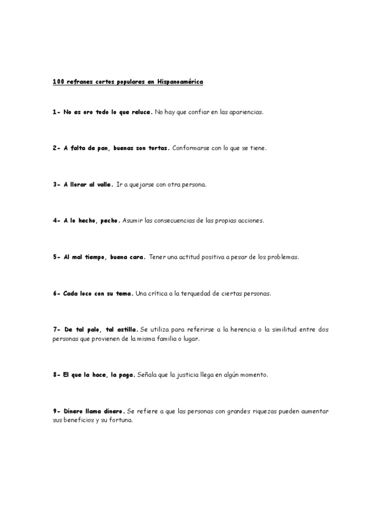 100 Refranes Cortos Populares | PDF | Amor | Pecado