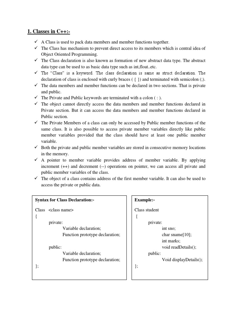 Classes In C Syntax For Class Declaration Example Pdf Class 9215