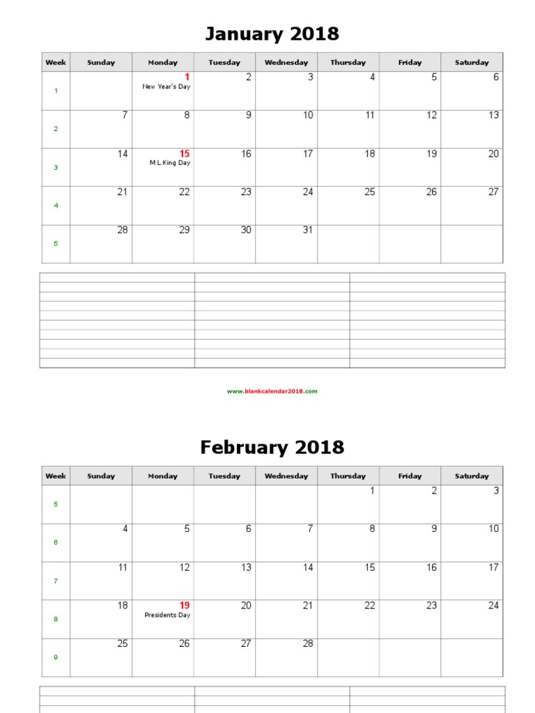 Monthly 2018 Calendar Notes Blank Landscape | PDF | Sports | Leisure