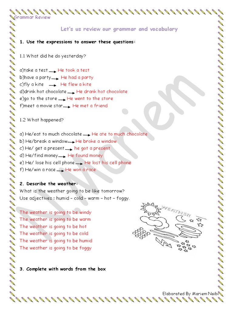Let's Us Review Our Grammar and Vocabulary: 1. Use The Expressions To ...