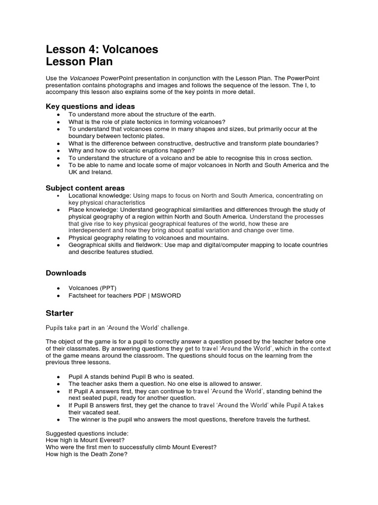 Lesson 4: Volcanoes Lesson Plan: Key Questions and Ideas | Download ...
