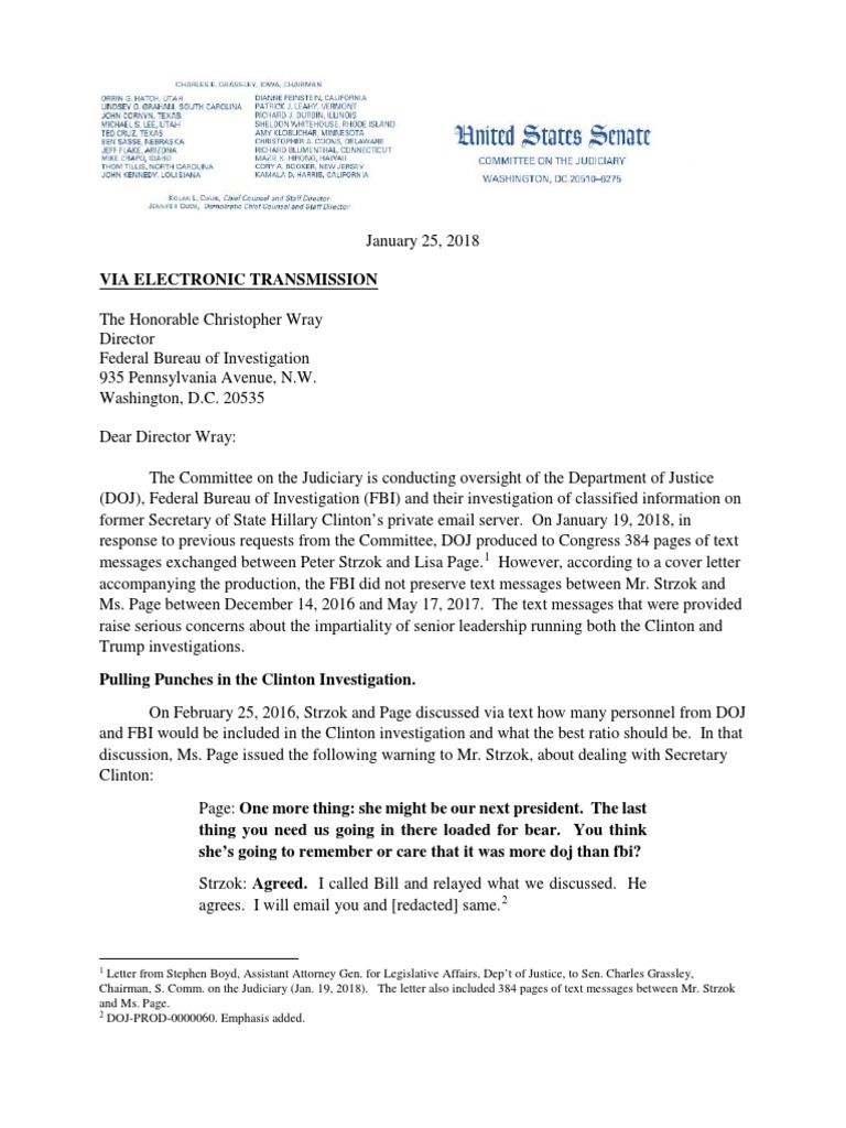 Grassley Letter to FBI Director Christopher Wray (Strzok Page Texts ...