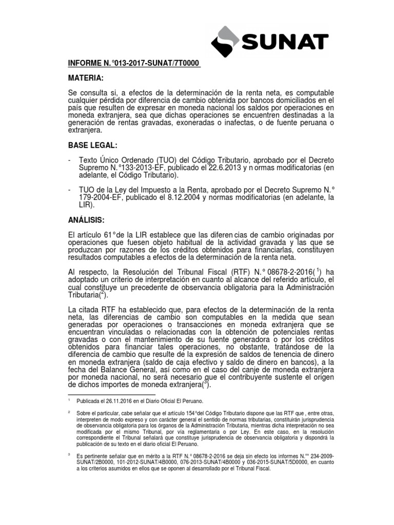 Informe 013-2017-SUNAT-7T0000 | PDF | Bancos | Impuestos
