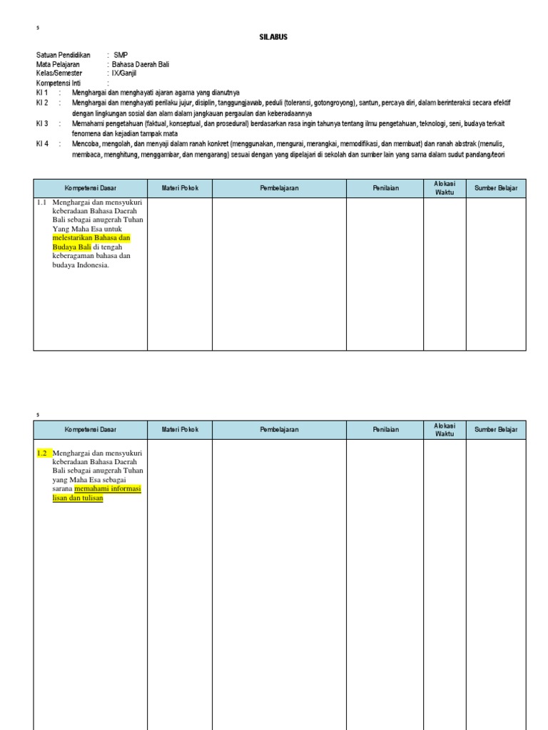 Silabus Bahasa Daerah Bali Kls Ix | PDF