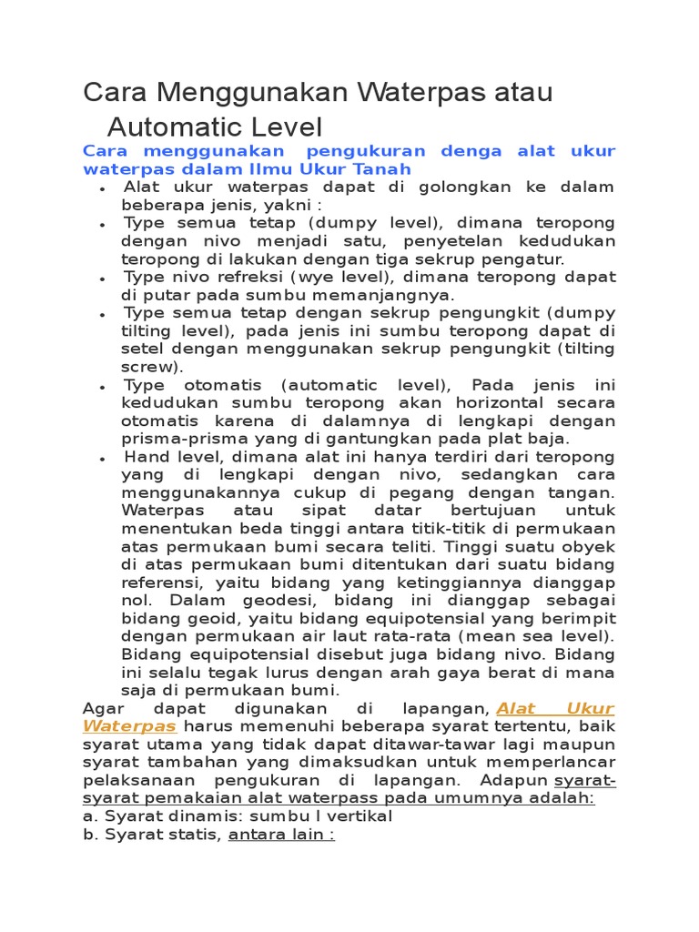 Cara Menggunakan Waterpas Atau Automatic Level | PDF