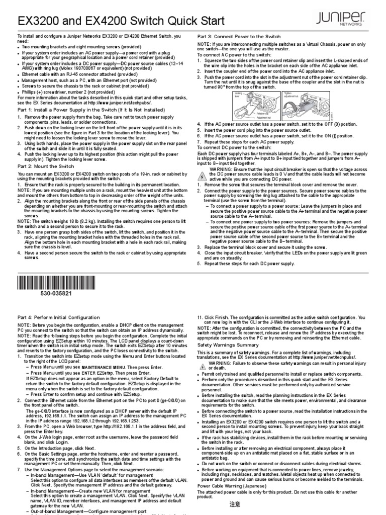 Quick Start Ex3200 Ex4200 PDF | PDF | Power Supply | Network Switch
