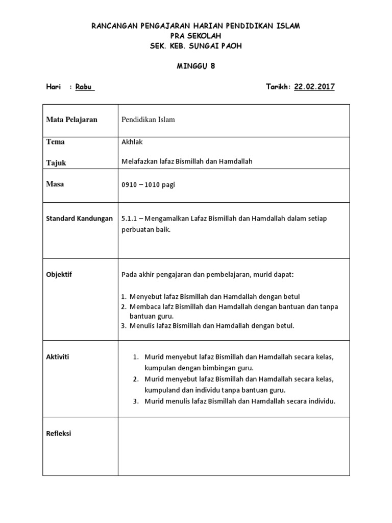 Contoh RPH Prasekolah | PDF