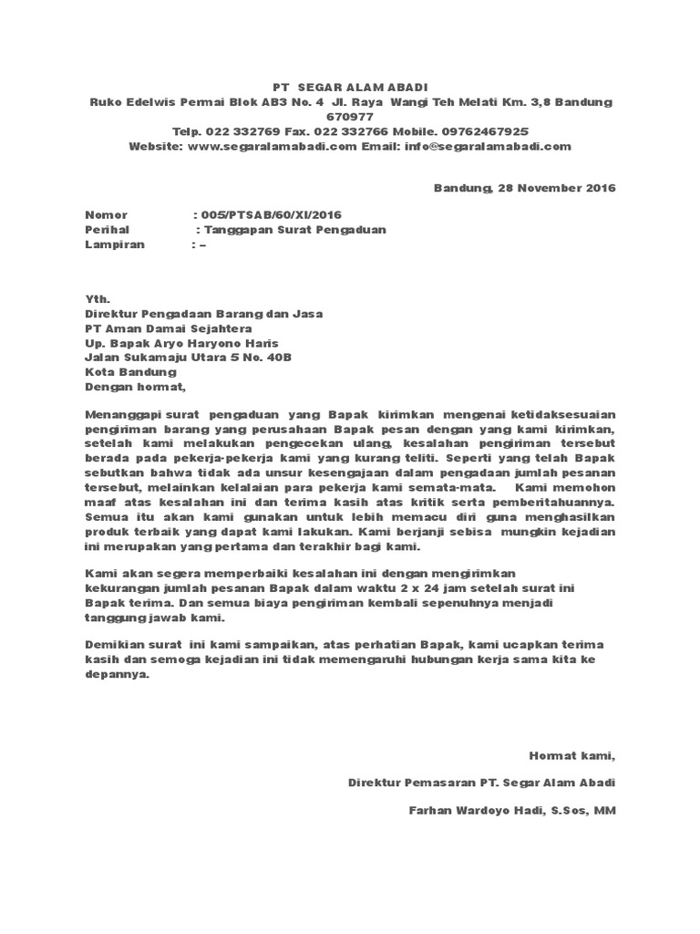 Surat Tanggapan Komplain Pelanggan | PDF