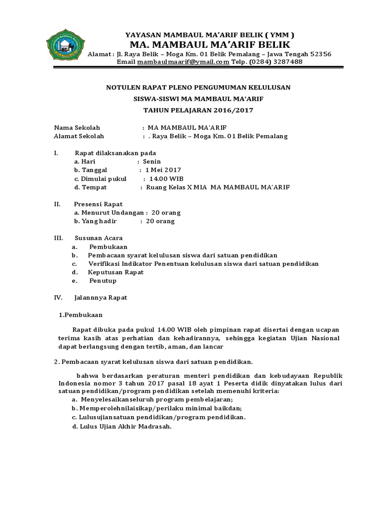 Notulen Rapat Pleno Pengumuman Kelulusan | PDF