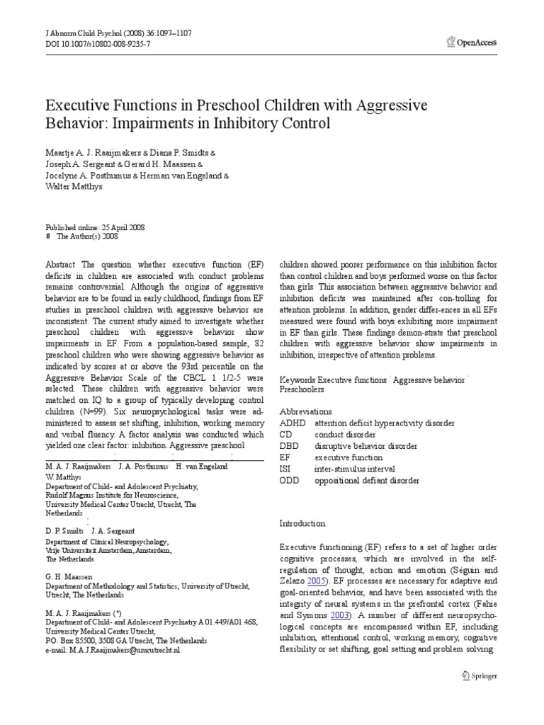 Executive Functions in Preschool Children With Aggressive Behavior: Impairments in Inhibitory ...