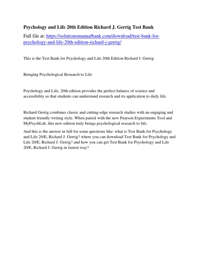 Psychology and Life 20th Edition Richard J. Gerrig Test Bank | PDF ...