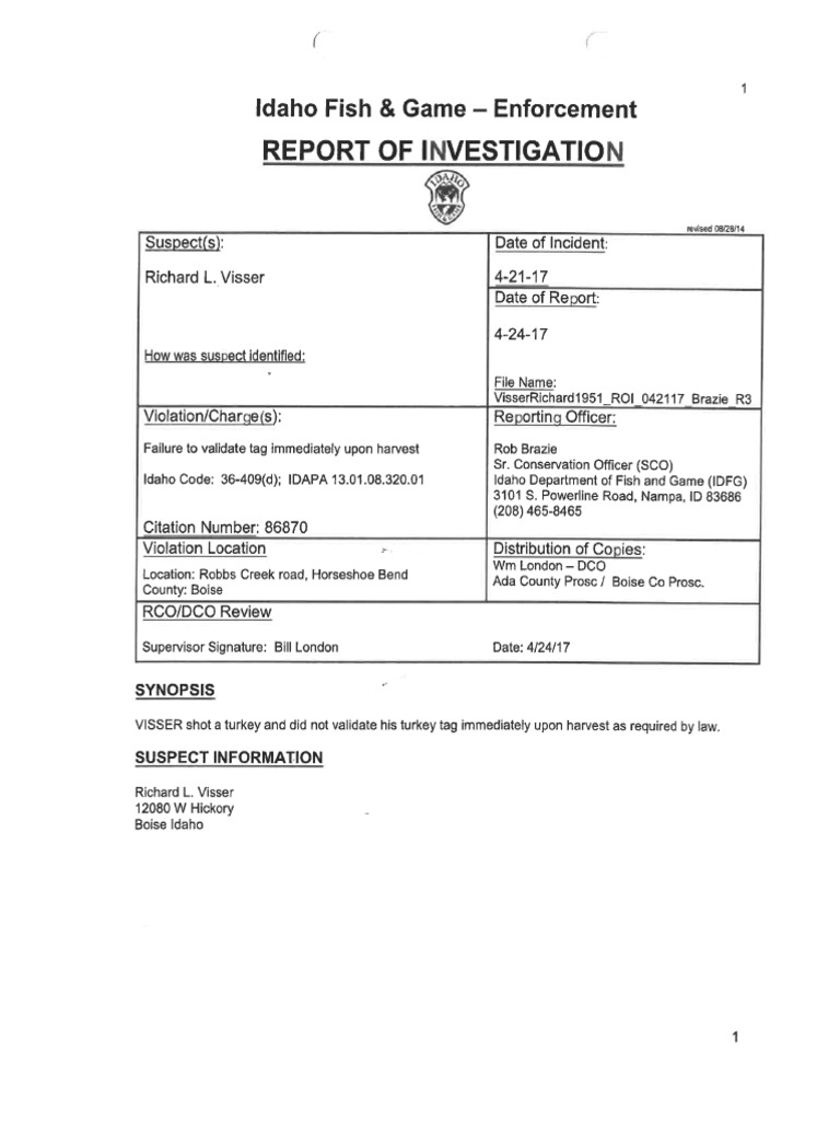 Idaho Fish & Game Report of Investigation - Visser | PDF