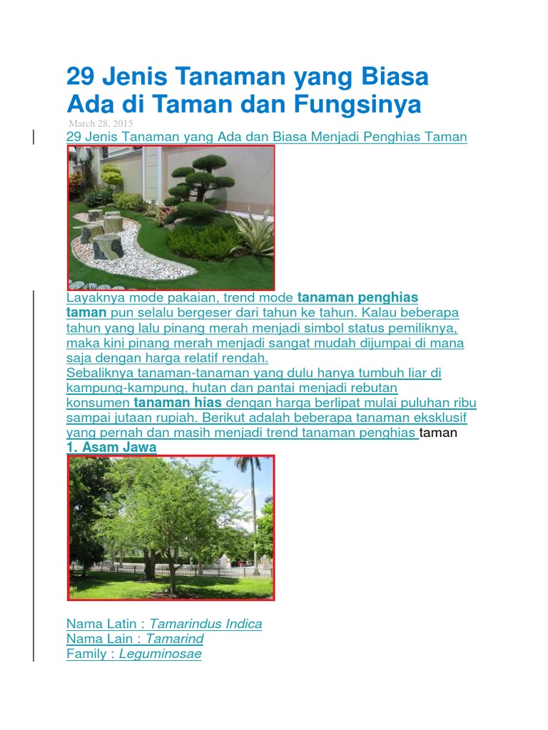 29 Jenis Tanaman Yang Biasa Ada Di Taman Dan Fungsinya | PDF