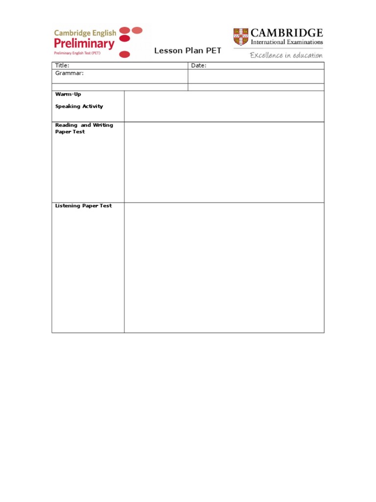Lesson Plan PET: Title: Date: Grammar | PDF | Career & Growth ...