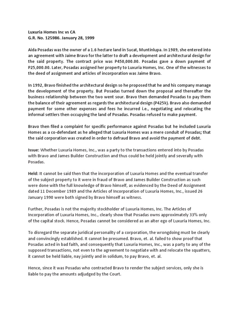 CORPO - 4. Luxuria Homes Vs CA | Download Free PDF | Assignment (Law ...