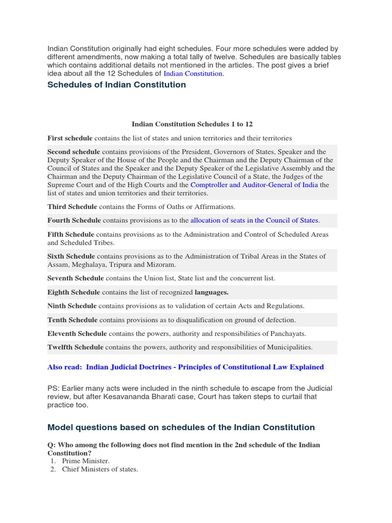 Indian Constitution Originally Had Eight Schedules | PDF | Official ...