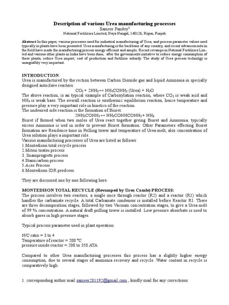 Description of Various Urea Manufacturing Process | PDF | Urea | Steam