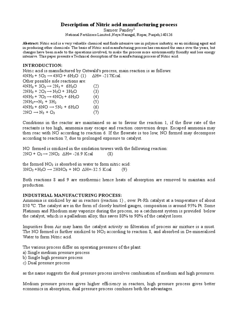 Description of Nitric Acid Manufacturing Process | PDF | Nitric Acid ...