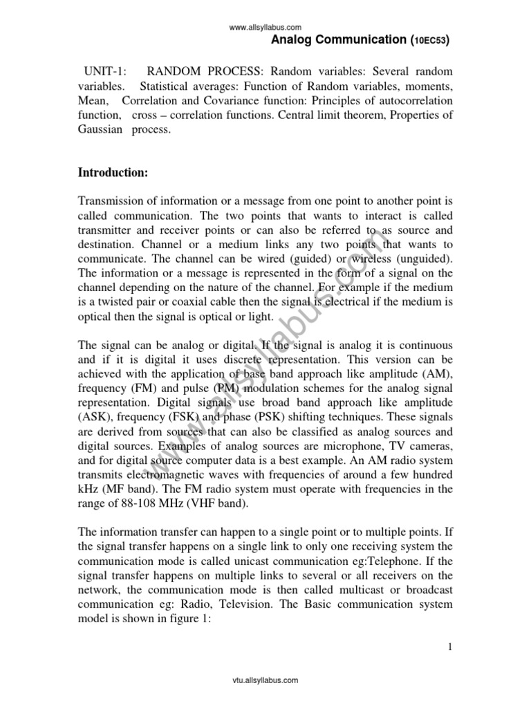 Analog Communication UNIT-1: RANDOM PROCESS: Random Variables: Several ...