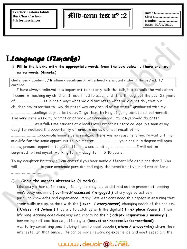 Devoir de Contrôle N°2 - Anglais - Bac Sciences (2011-2012) Mme Salwa Labidi PDF | PDF ...