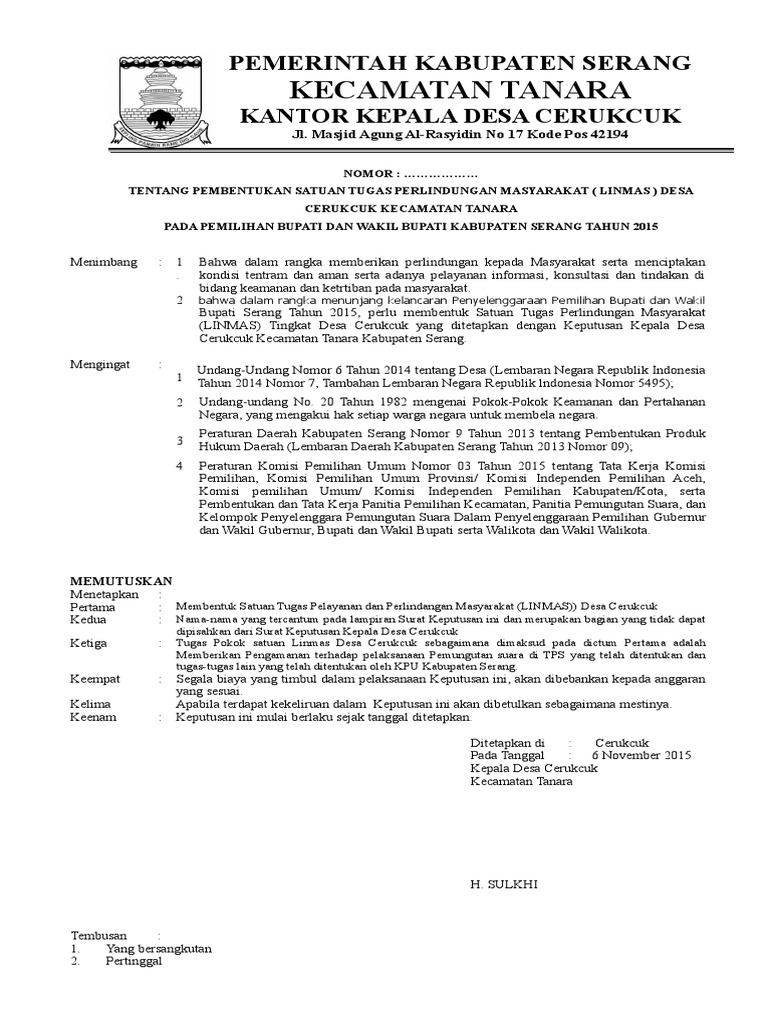 SK Pembentukan LINMAS Desa Cerukcuk | PDF