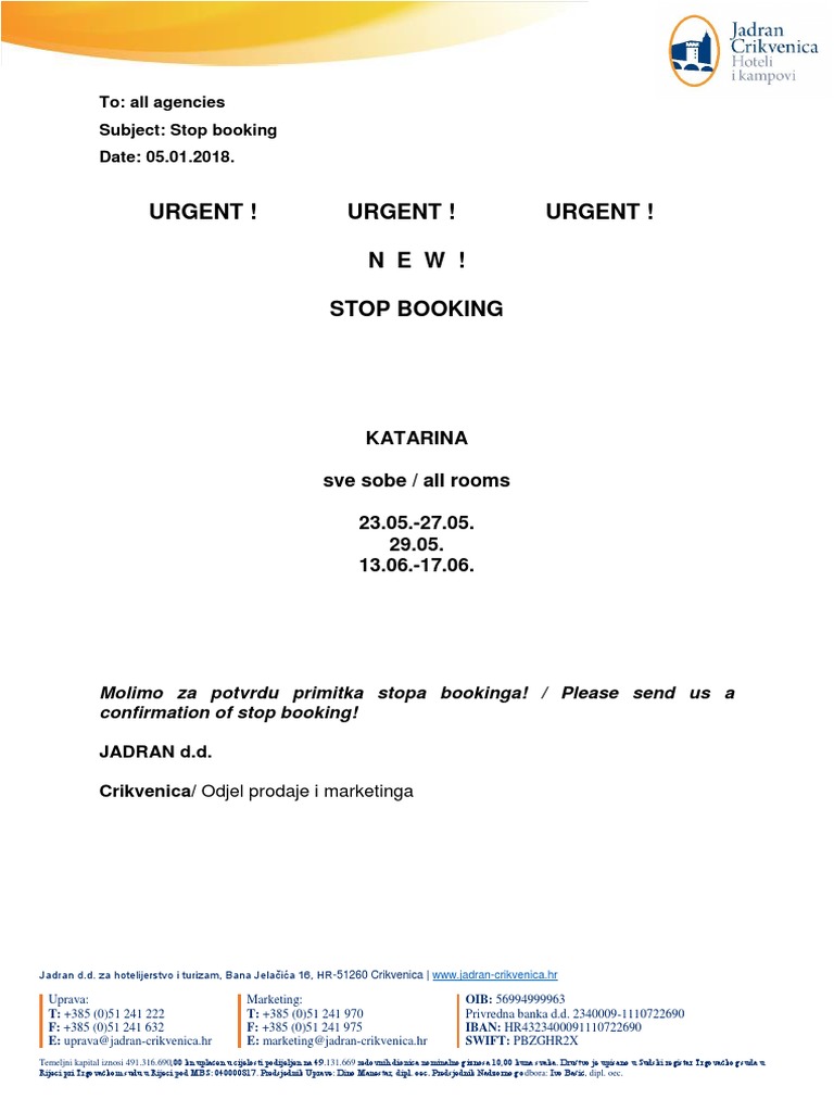 Urgent Stop Booking Notice from Jadran d.d. | PDF