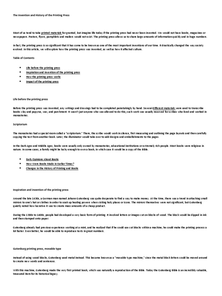 The Invention and History of The Printing Press | PDF | Printing ...