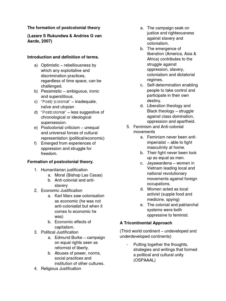 The Formation of Postcolonial Theory (Notes) | PDF | Postcolonialism ...