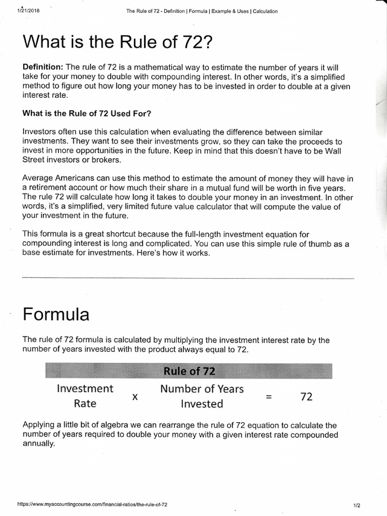 Understanding the Rule of 72 for Investments | PDF